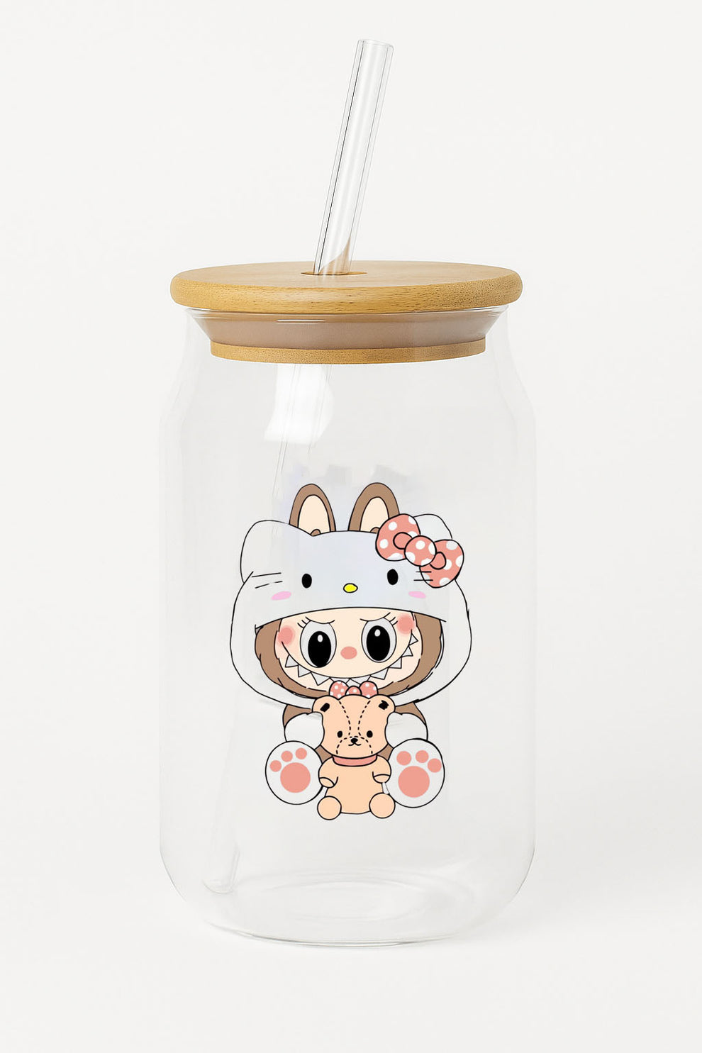 Labubu Can Glass tumbler with wooden lid and glass straw | Labubu glas ...
